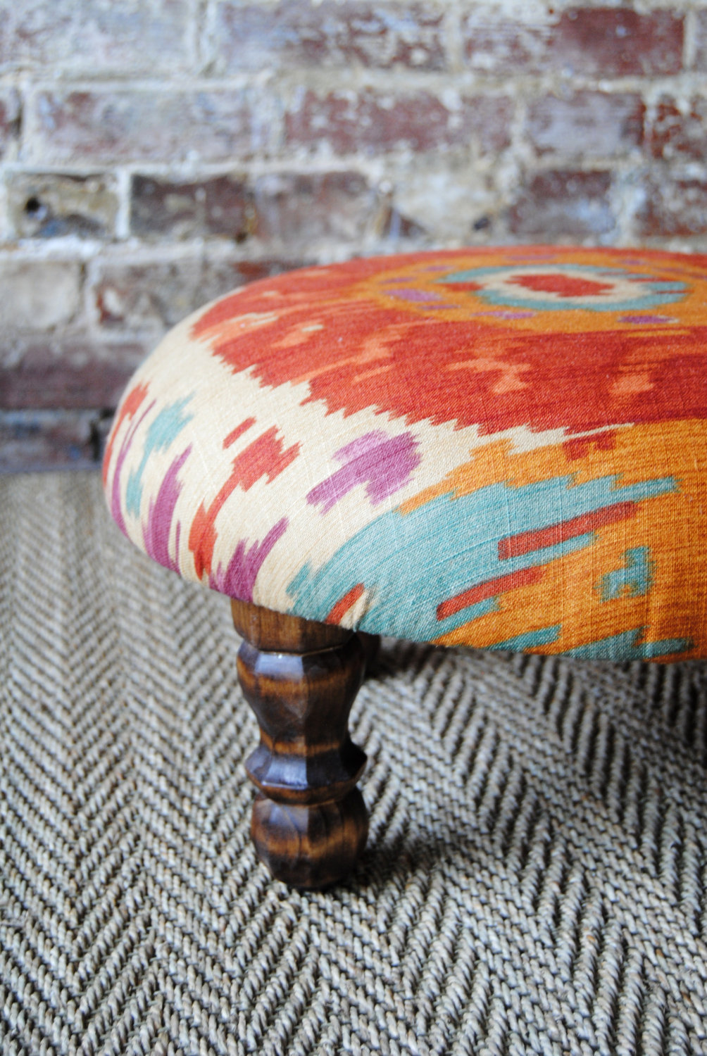 Martha and Ash. | Navajo Ikat Stool Ottoman.Quiet Lunch
